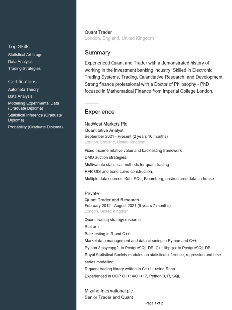 Quantitative Trader Resume | PDF