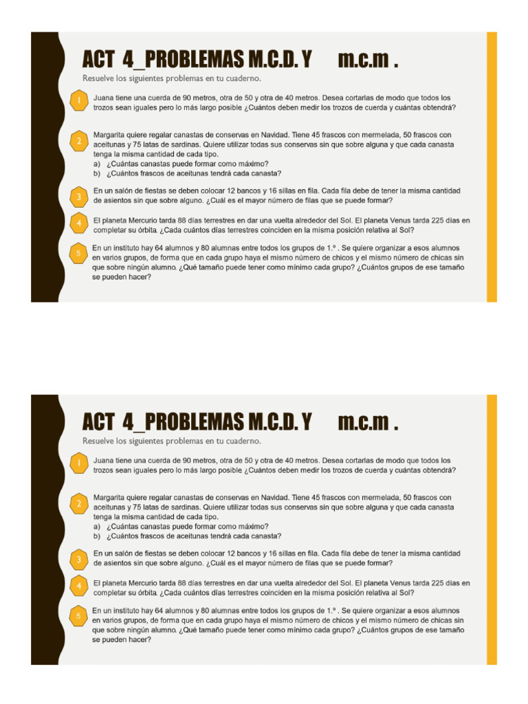 Act 4 - Problemas M.C.D. Y M.C.M. | PDF
