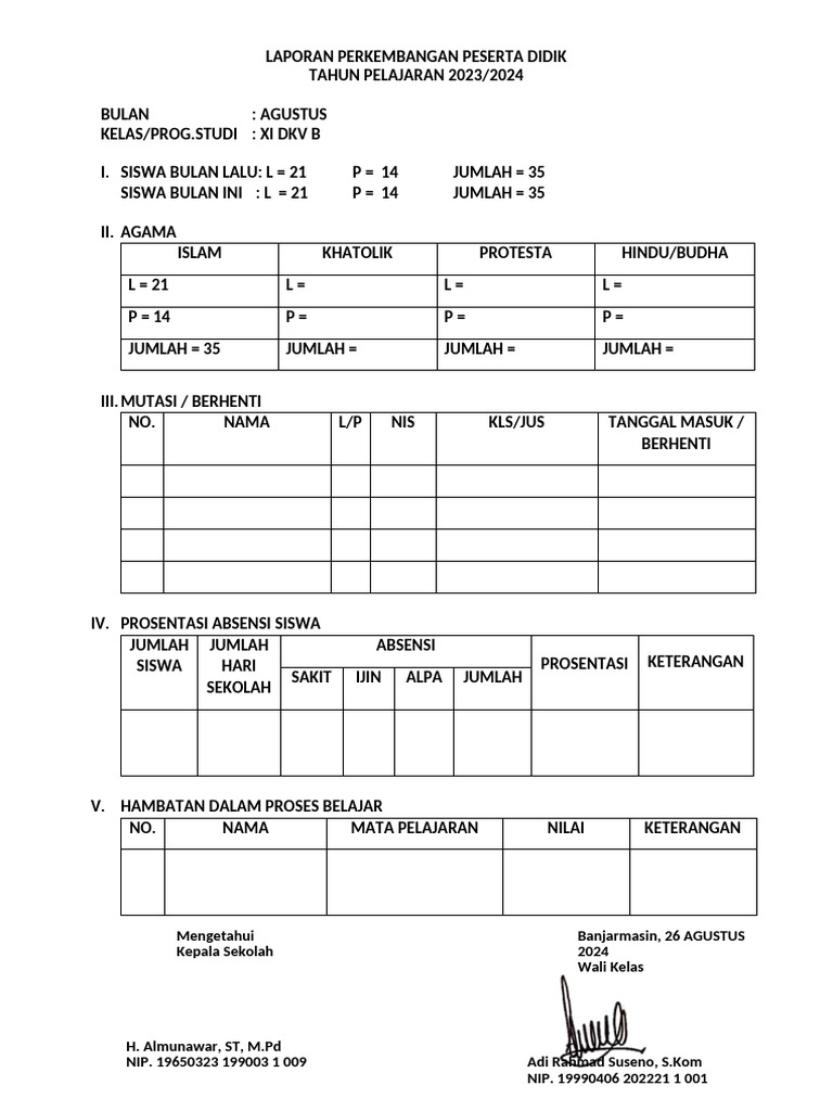 Laporan Perkembangan Peserta Didik Agustus | PDF