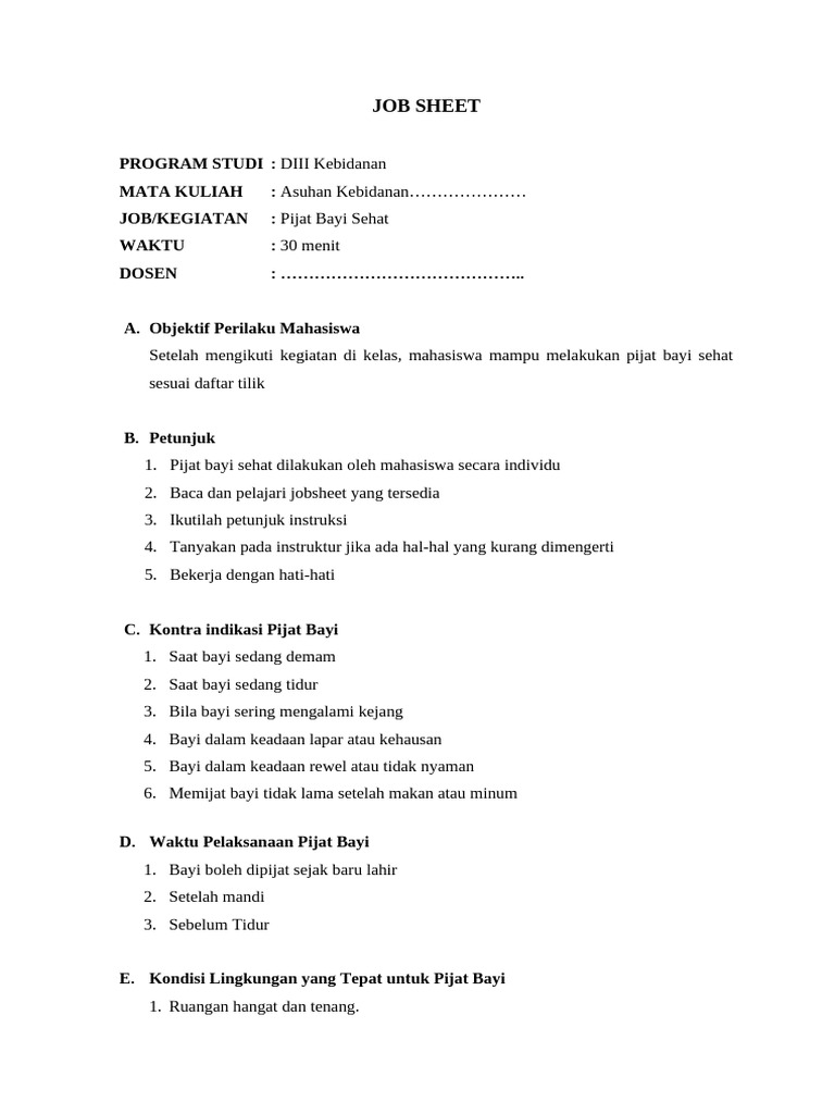 JOB SHEET pijat bayi sehat | PDF