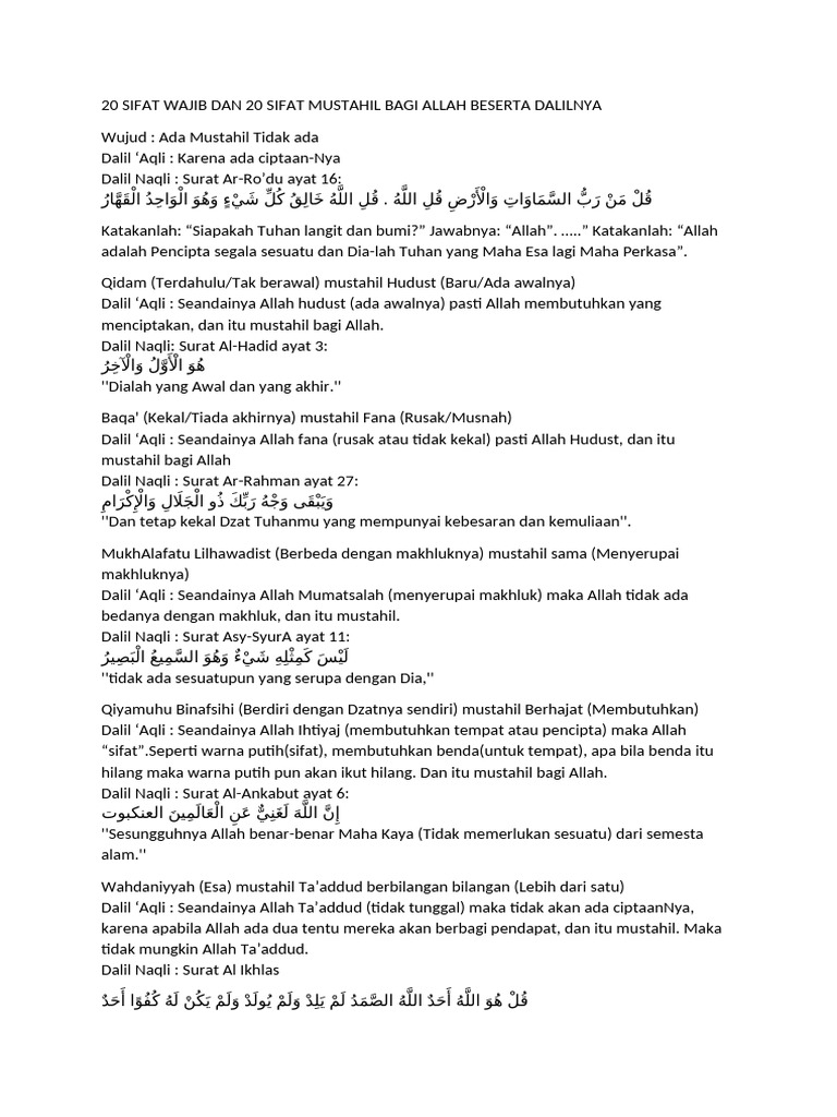 20 Sifat Wajib Dan 20 Sifat Mustahil Bagi Allah Beserta Dalilnya | PDF