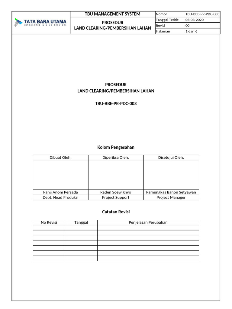 3.TBU-BBE-PR-PDC-003 Prosedur Land Clearing Dan Pembersihan Lahan | PDF