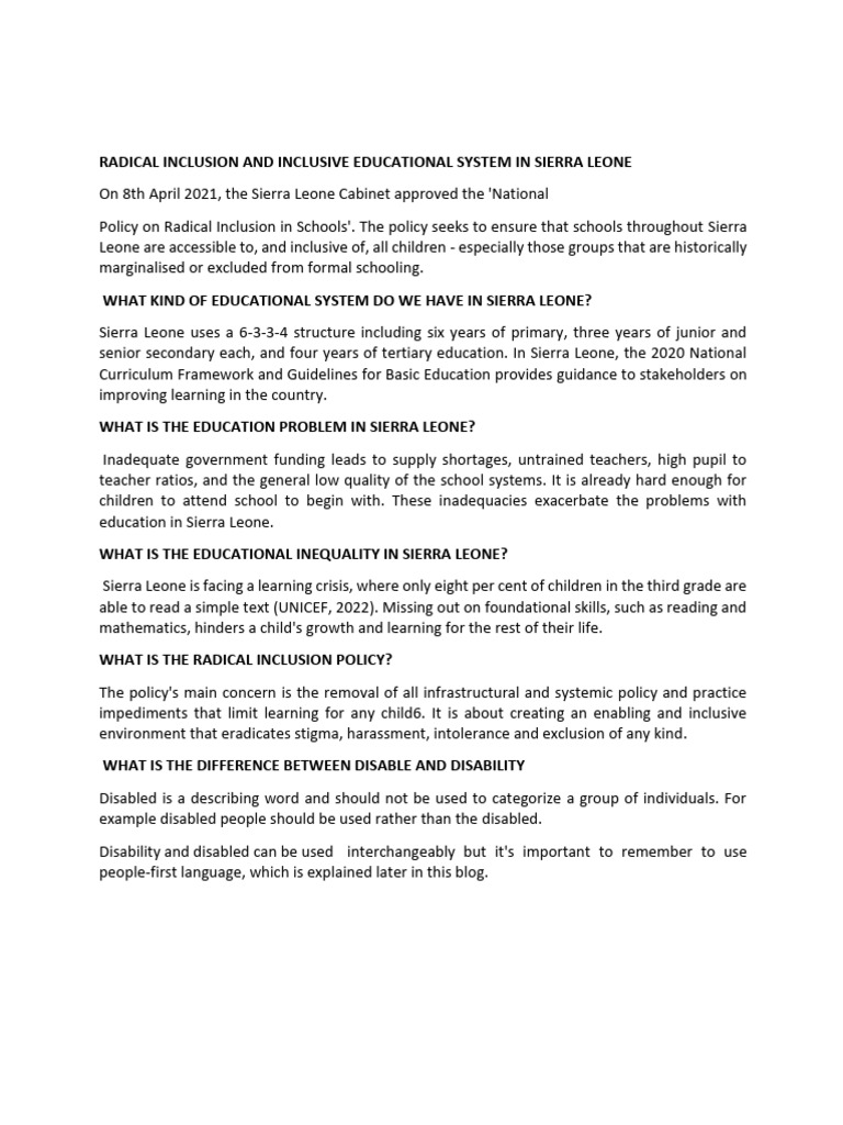 Radical Inclusion and Inclusive Educational System in Sierra Leone-1 ...