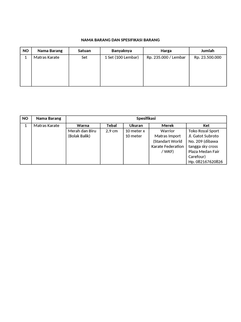 Nama Barang Dan Spesifikasi Barang | PDF