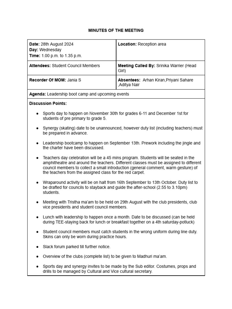 Student Council Meeting Minutes - Aug 2024 | PDF