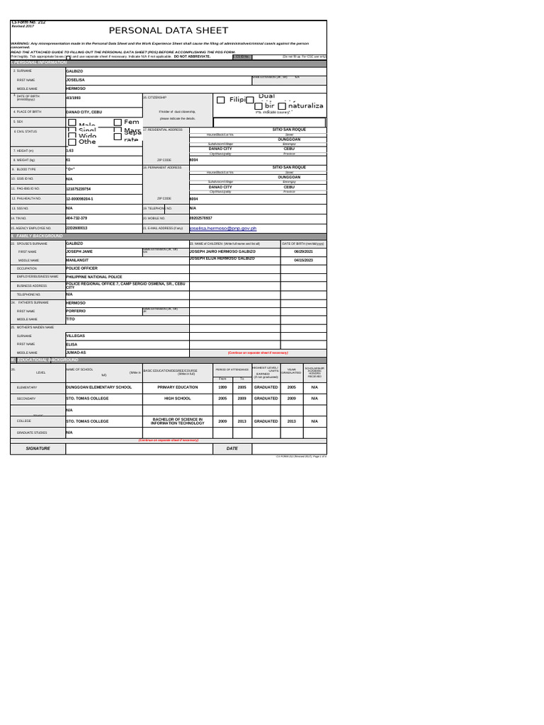 CS-Form-No.-212-Personal-Data-Sheet-revised A4 | PDF