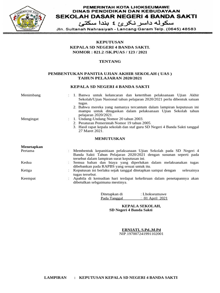 Contoh SK Panitia UAS Dan UN Untuk SD | PDF
