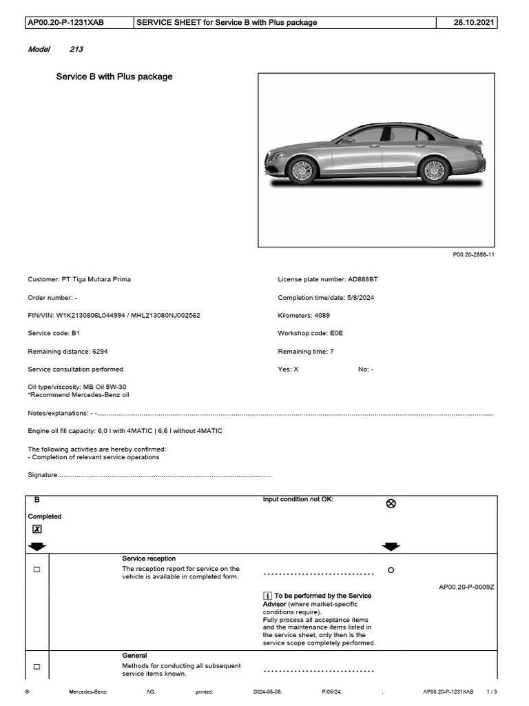 Contoh checksheet service berkala Mercedes Benz | PDF