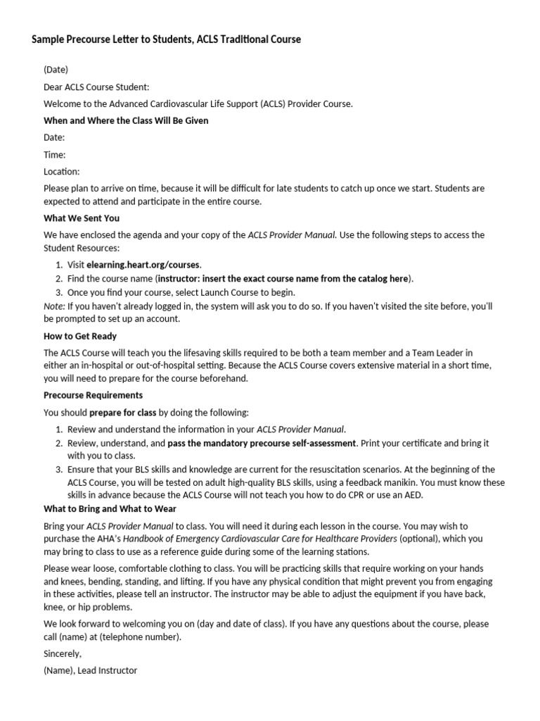 Sample Precourse Letter To Students ACLS Traditional Course - Ucm ...