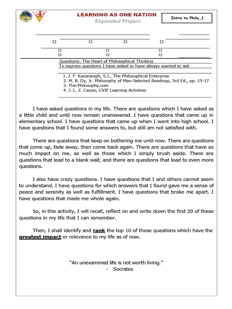 Philosophical Questions Reflection Activity | PDF | Liberal Arts Education