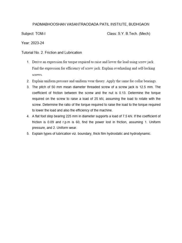 Tutorial 2 friction and lubrication | PDF Tutorial 2 friction and lubrication | PDF