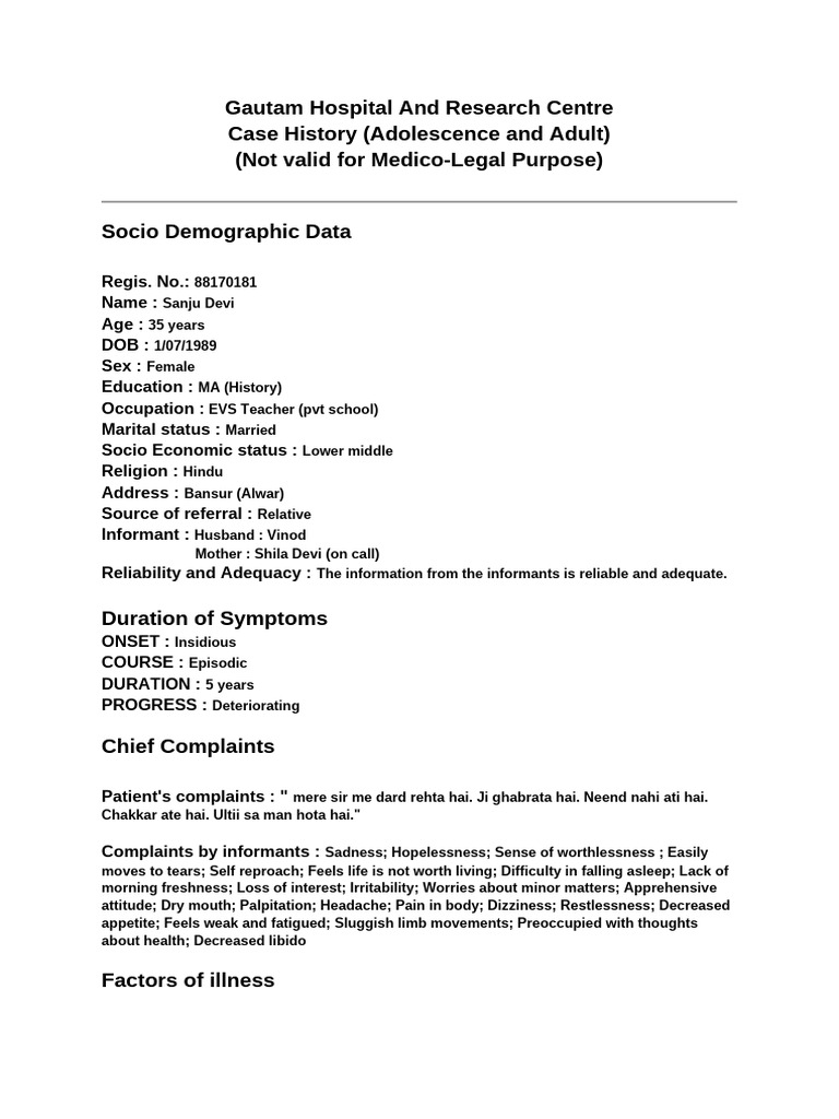Case History 1. Sanju Devi | PDF | Major Depressive Disorder | Wellness