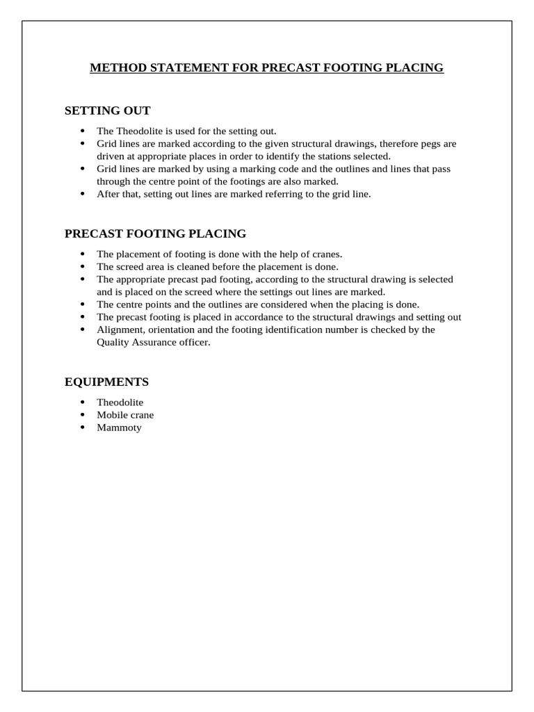 Method Statement For Precast Footings | PDF
