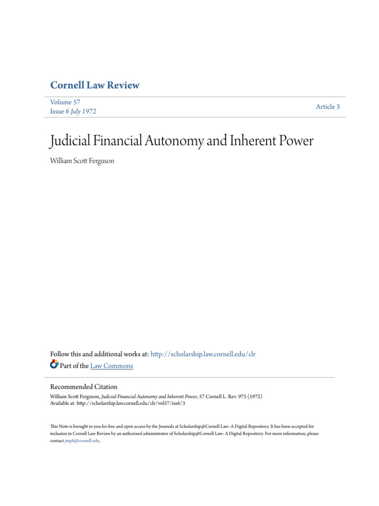 Judicial Financial Autonomy and Inherent Power: Cornell Law Review | PDF