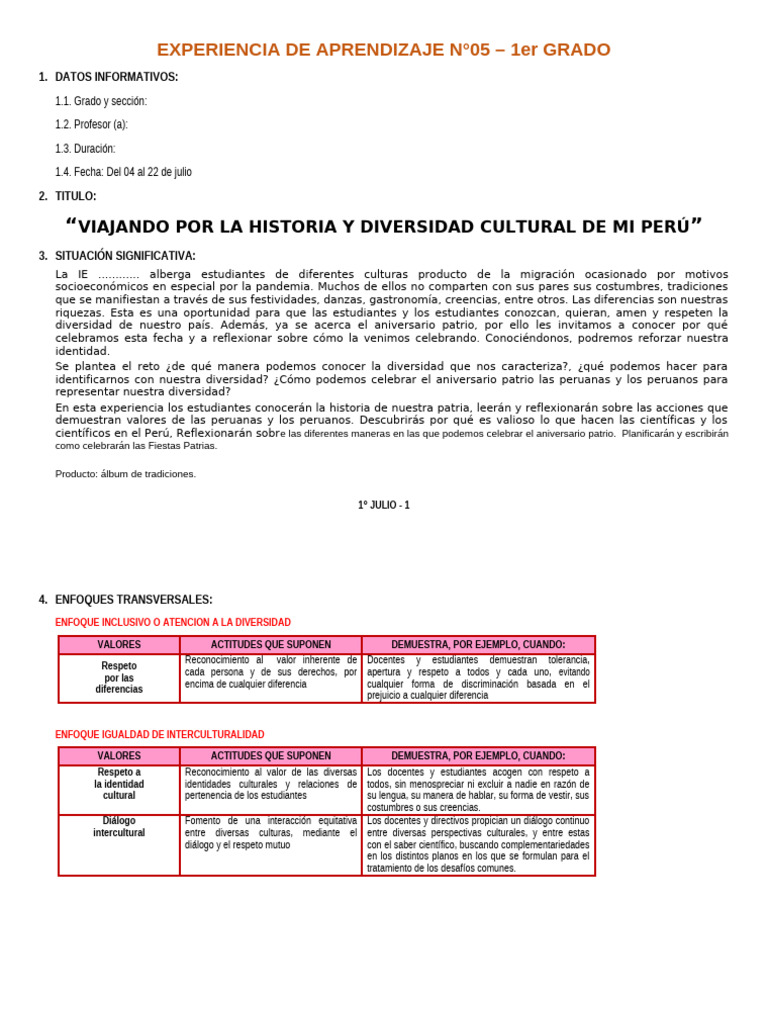 1° Grado - Experiencia de Aprendizaje N°05 | PDF