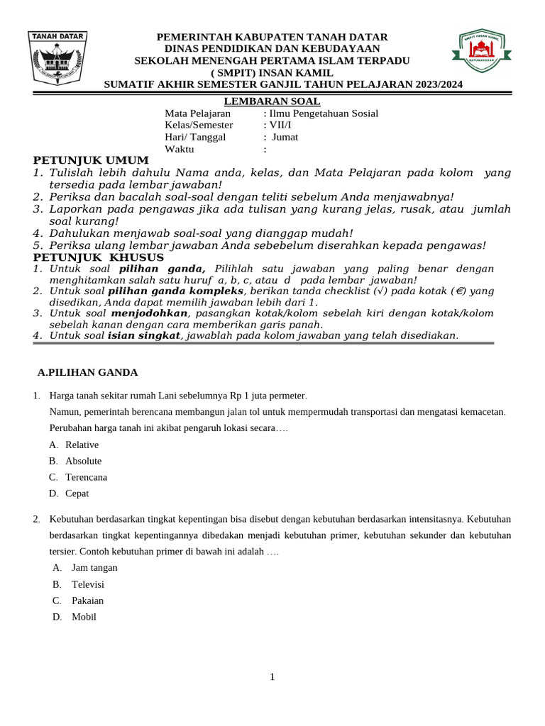 SOAL PAS IPS KELAS 7 SMT 1 Ok | PDF