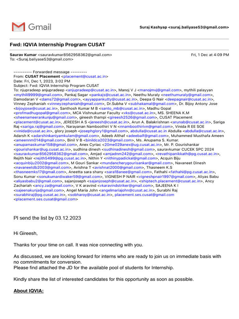 FWD IQVIA Internship Program CUSAT | PDF | Computing | Communication