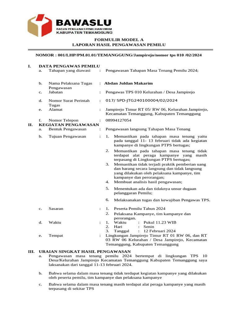 Form A Masa Tenang-1 | PDF
