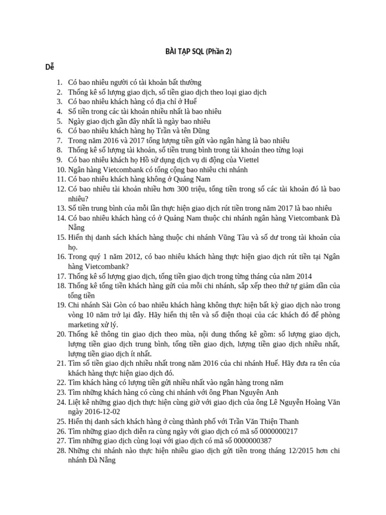BÀI TẬP SQL (phần 2) | PDF