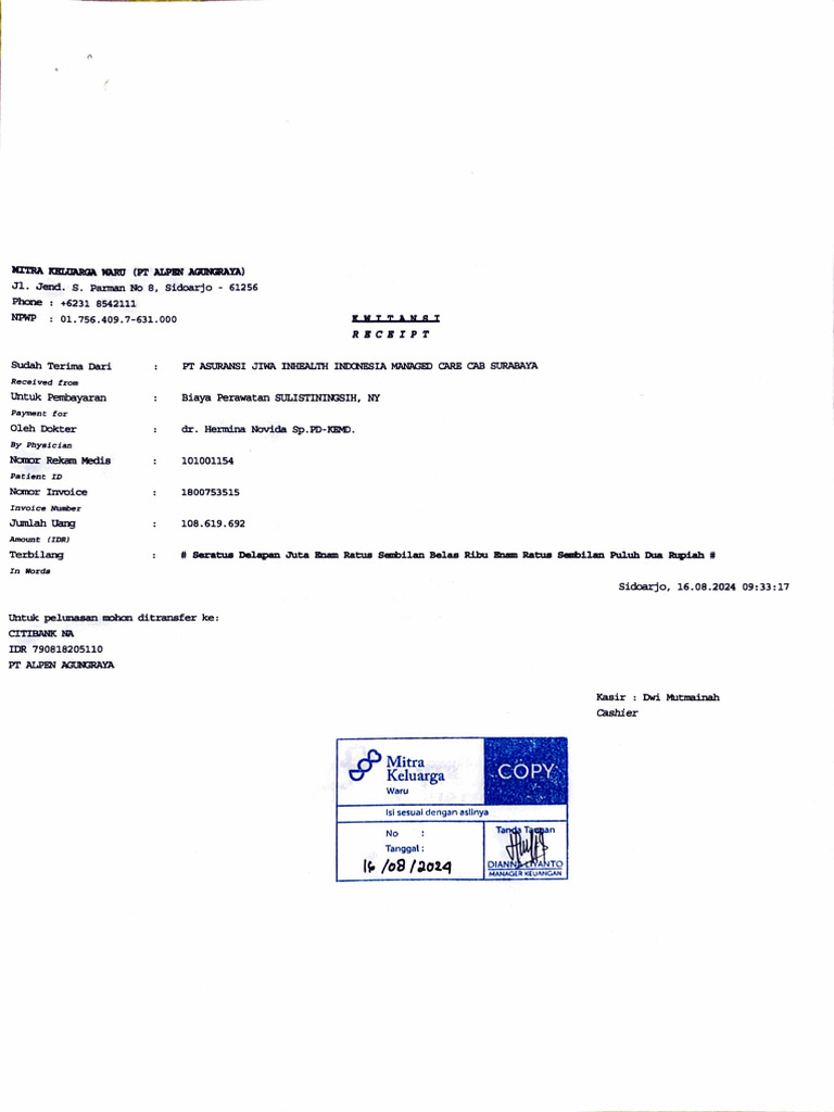 Kwitansi Rawat Inap Sulistiningsih (Istri Nurharyanto) | PDF
