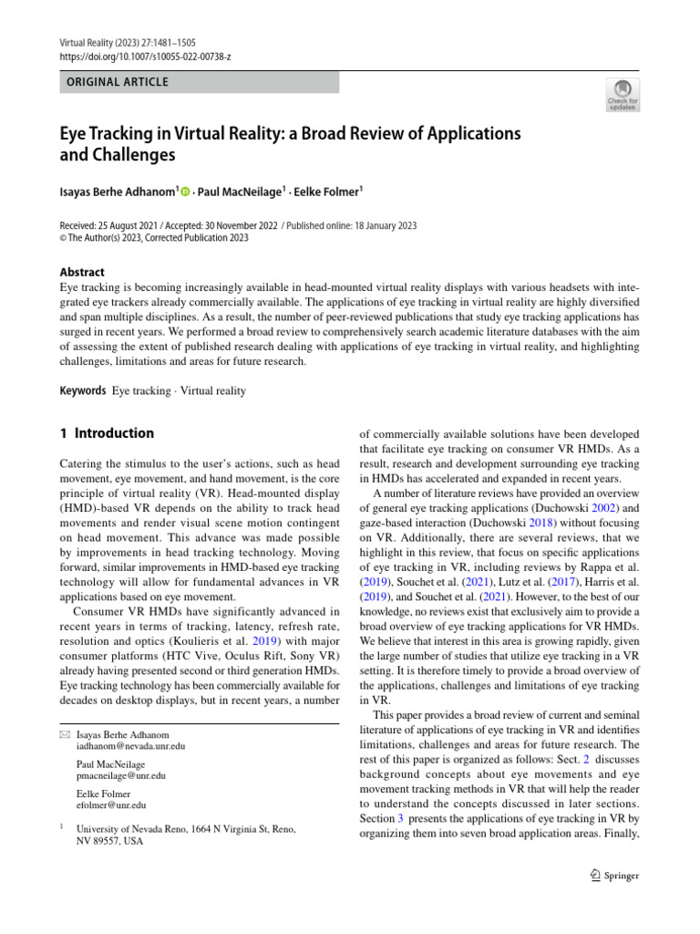 Eye Tracking in Virtual Reality: A Broad Review of Applications and ...