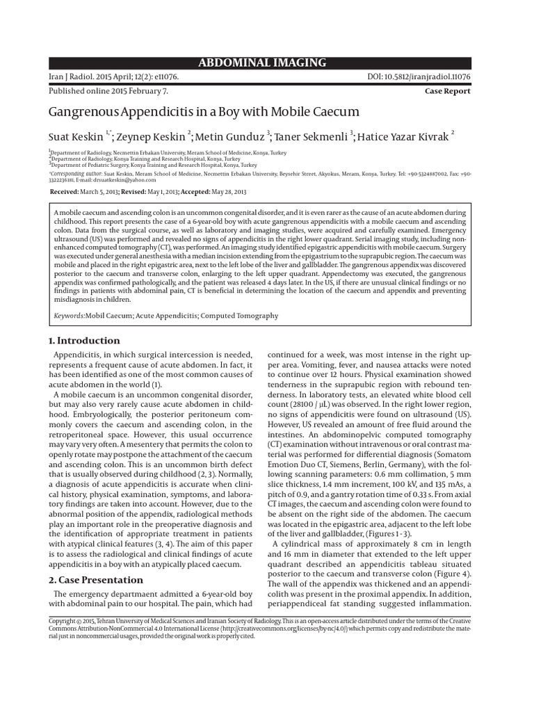 Gangrenous Appendicitis in A Boy With Mobile Caecum: Abdominal Imaging ...