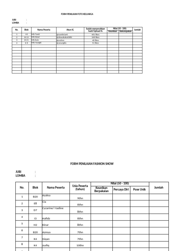Form Penilaian Juri Lomba Foto Keluarga + Fashion Show | PDF