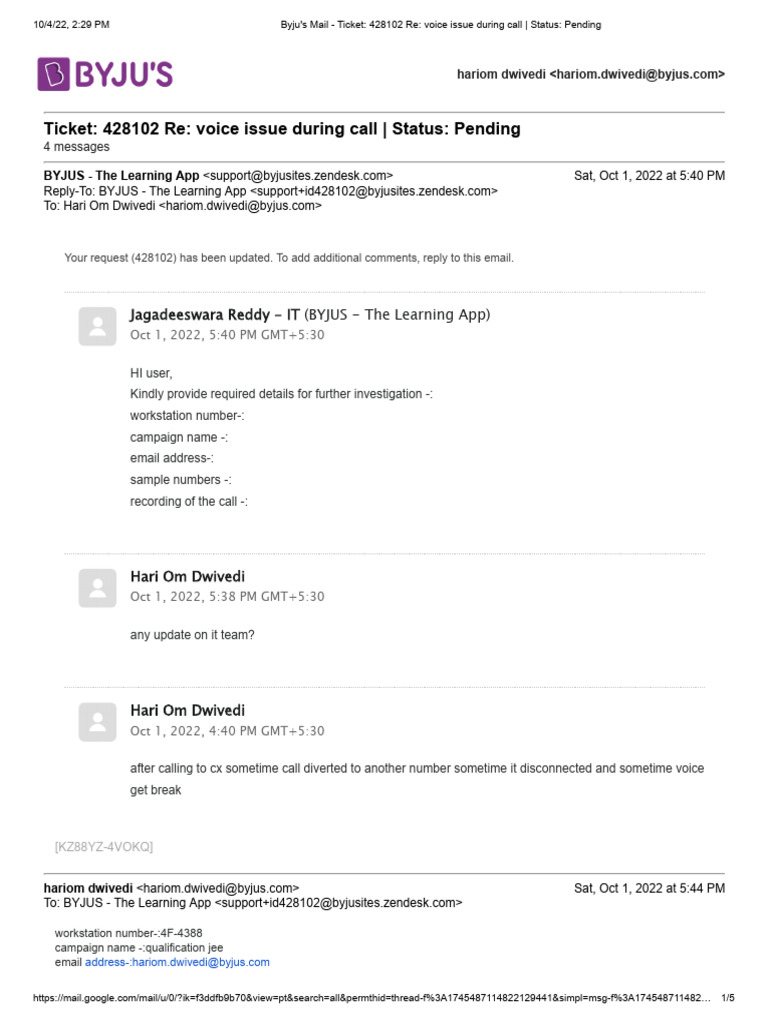 Byju's Mail - Ticket - 428102 Re - Voice Issue During Call - Status - Pending | PDF