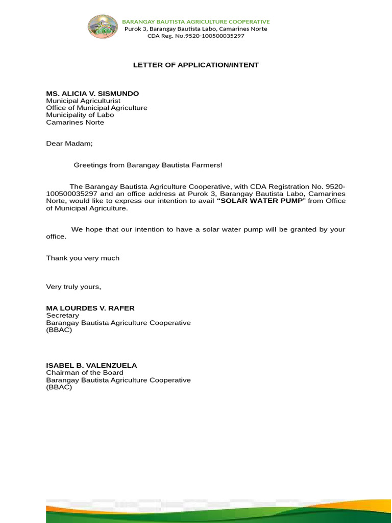 Letter of Intent - Solar Power Water Pump | PDF