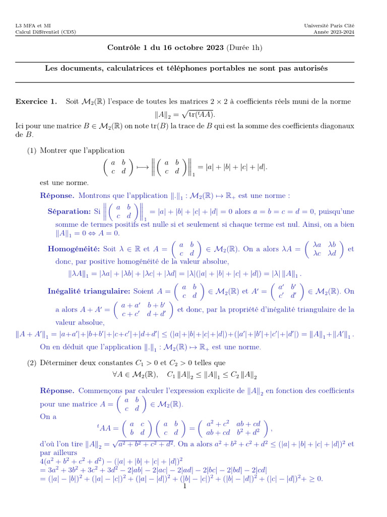 Calcul Diff CC1 23 24 - Corrige | PDF