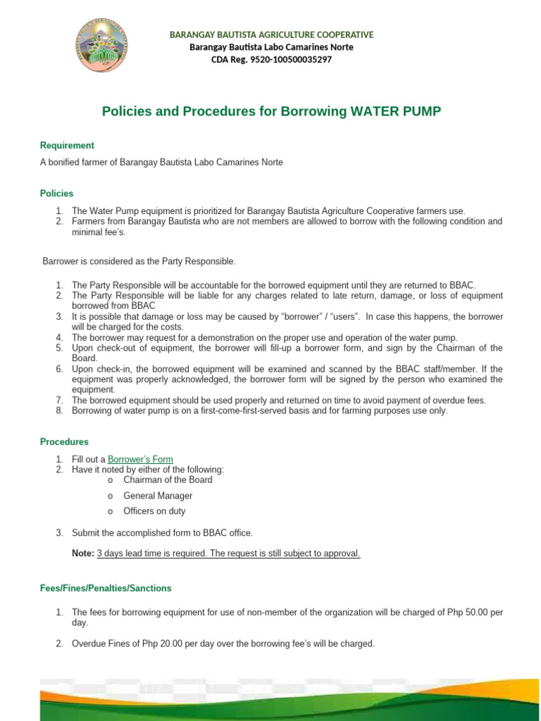 Water Pump Borrowing Policy and Procedures | PDF