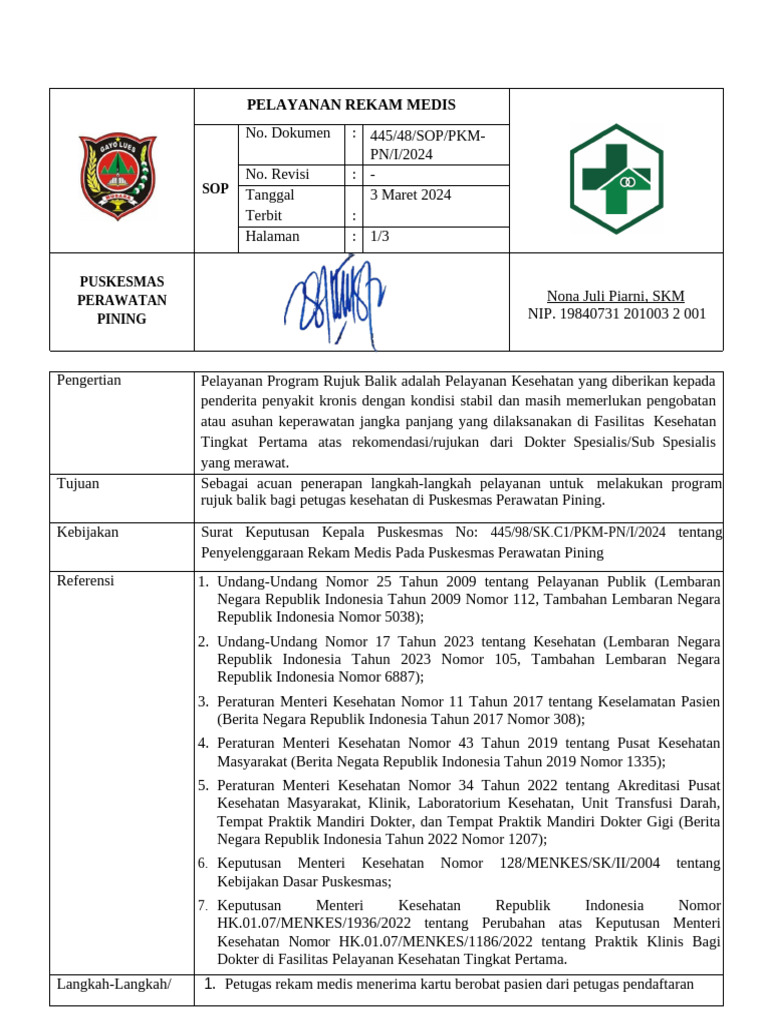 3.8.a.3 - SOP Pelayanan Rekam Medis | PDF