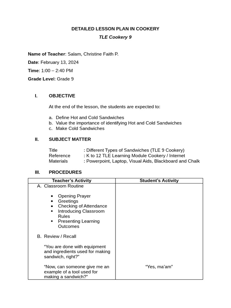 Detailed Lesson Plan in Cookery | PDF | Sandwich | Food And Drink ...