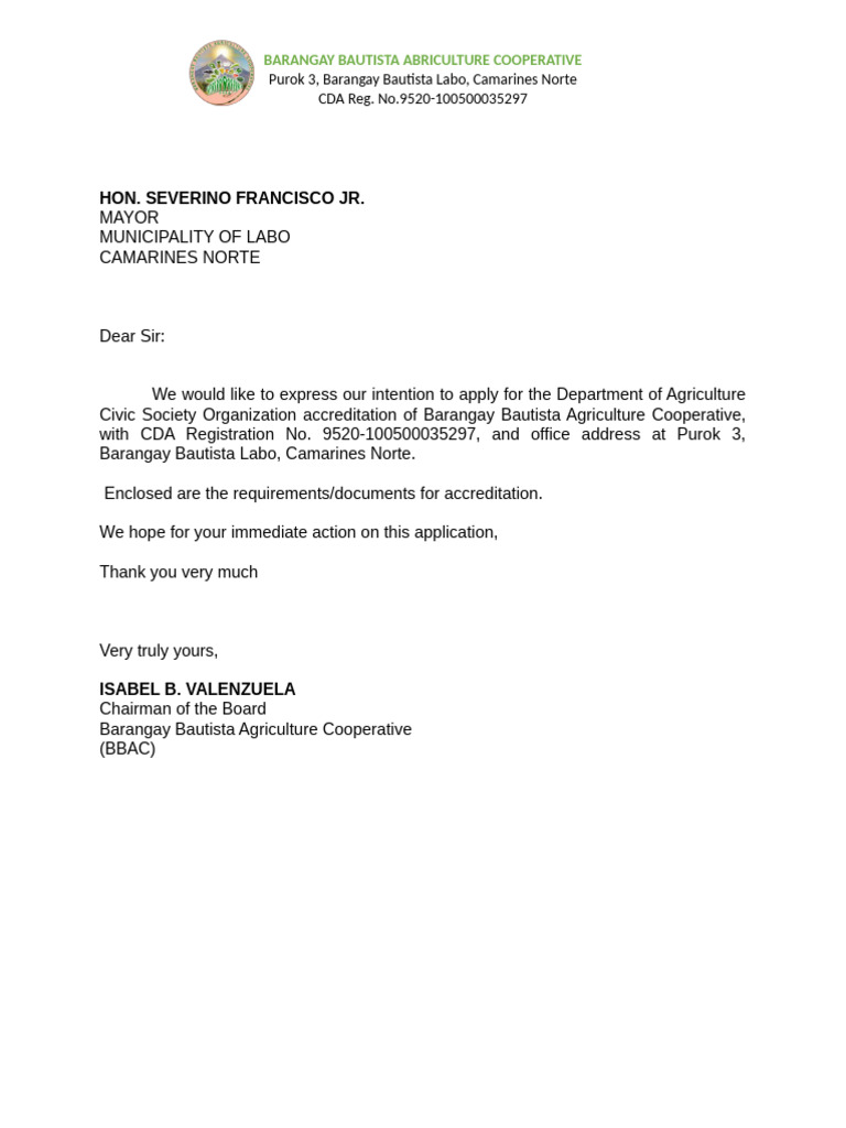 REQUEST LETTER OF GOOD STANDING FROM LOCAL CHIEF EXECUTIVE | PDF