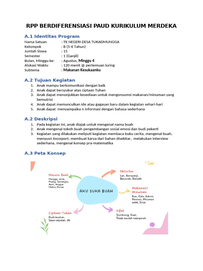 RPP Berdiferensiasi Paud Kurikulum Merdeka | PDF