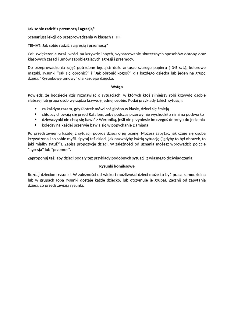 Scenariusz zajęć - Jak sobie radzić z przemocą i agresją - klasy 1-3 | PDF