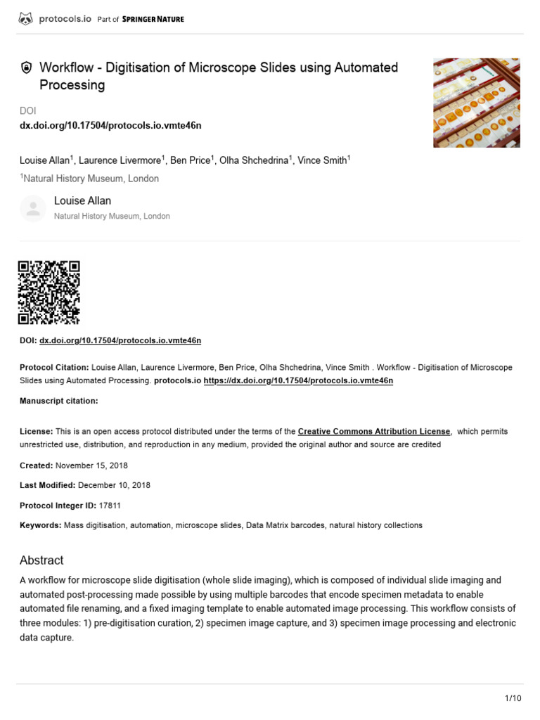 Allan Et Al. (2018) Workflow - Digitisation of Microscope Slides Using Automated Processing | PDF