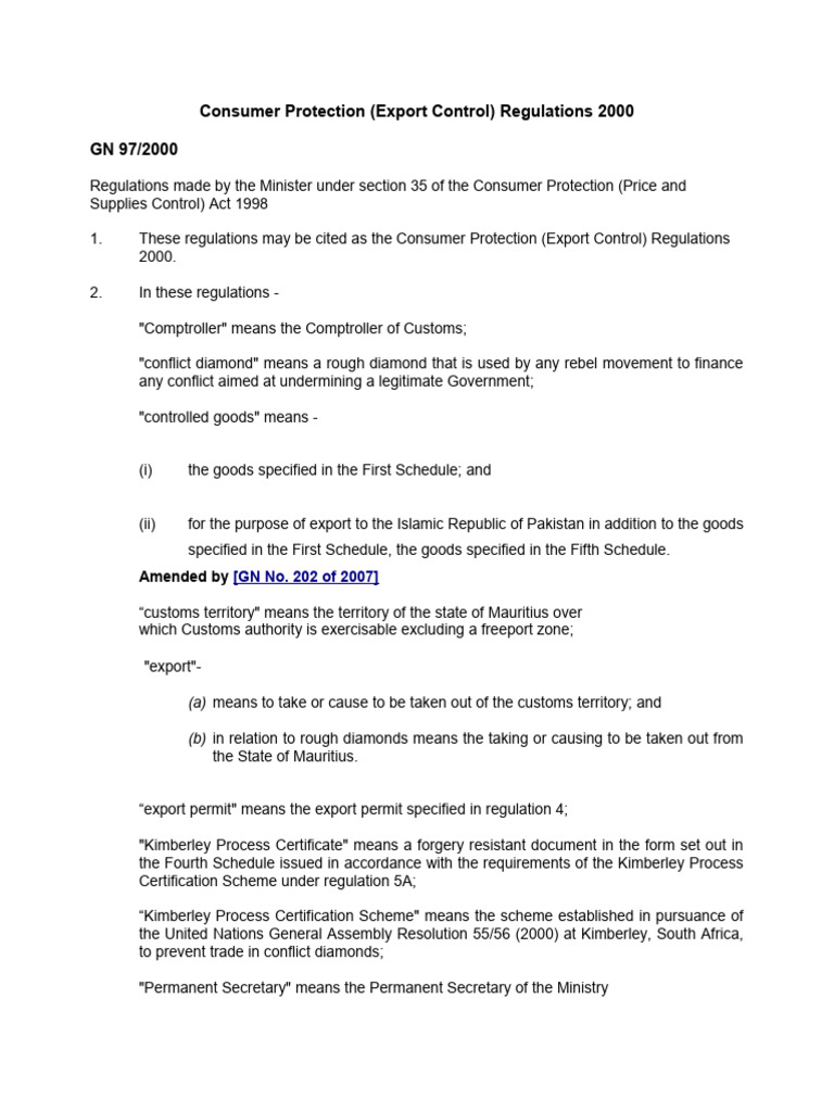 Consumer Protection Export Control Regulations 2000 | PDF