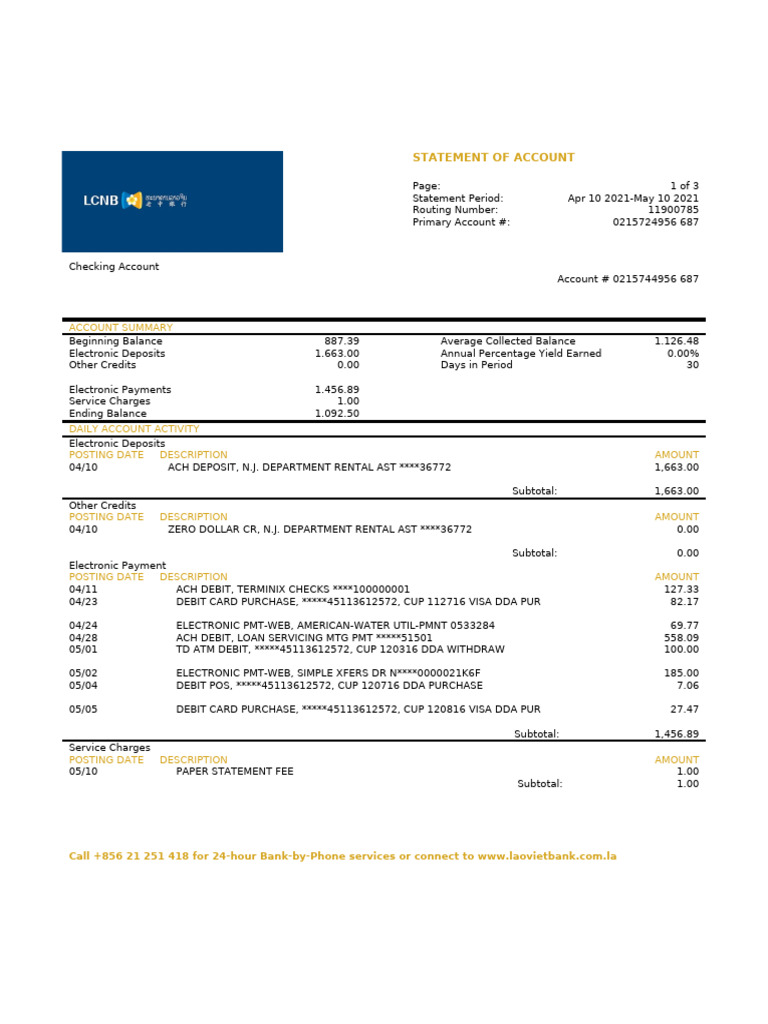Laos LCNB Bank Statement | PDF | Debit Card | Credit Card