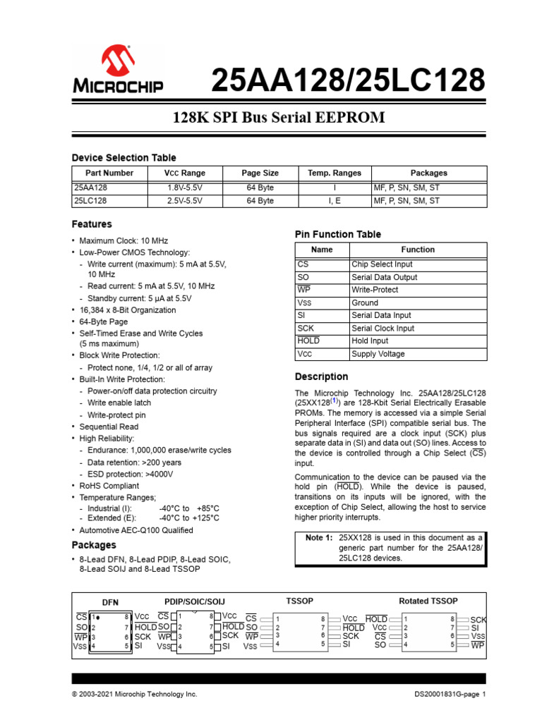 25AA128 25LC128 128K SPI Bus Serial EEPROM 2000183-3443116 | PDF | Microcontroller | Computer ...