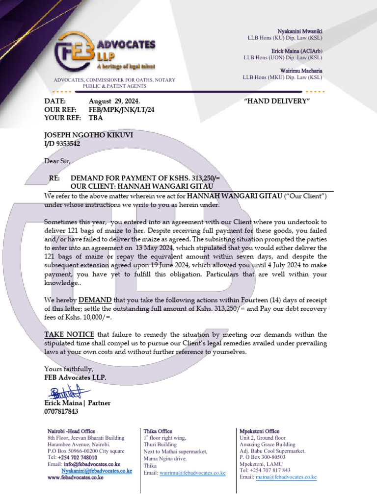 Demand Letter To Joseph Kikuvi | PDF