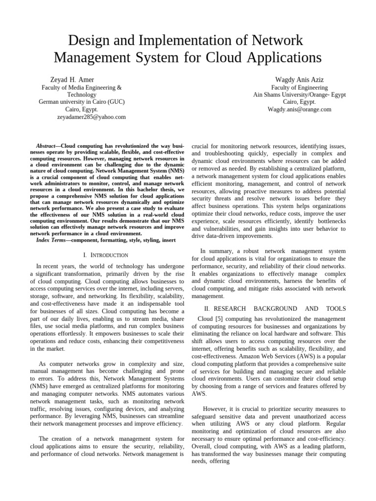 Design And Implementation Of Network Management System For Cloud