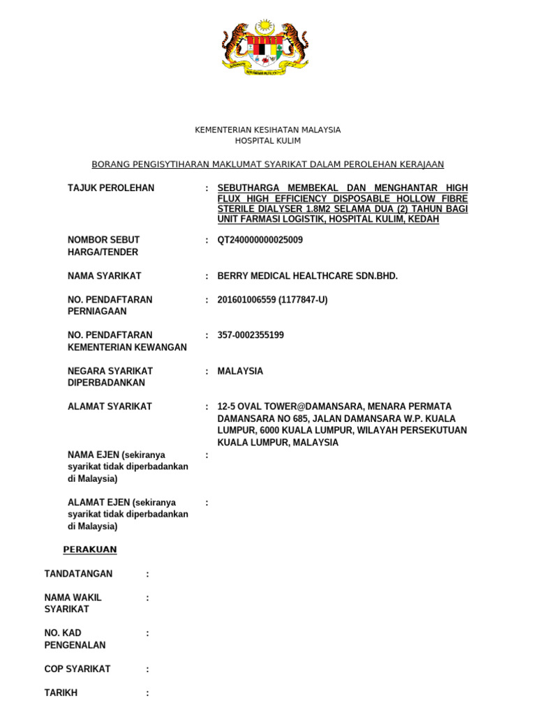 Borang Pengisytiharan Maklumat Syarikat Dalam Perolehan Kerajaan | PDF