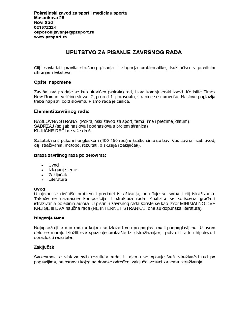 Uputstvo Za Pisanje Zavrsnog Rada | PDF
