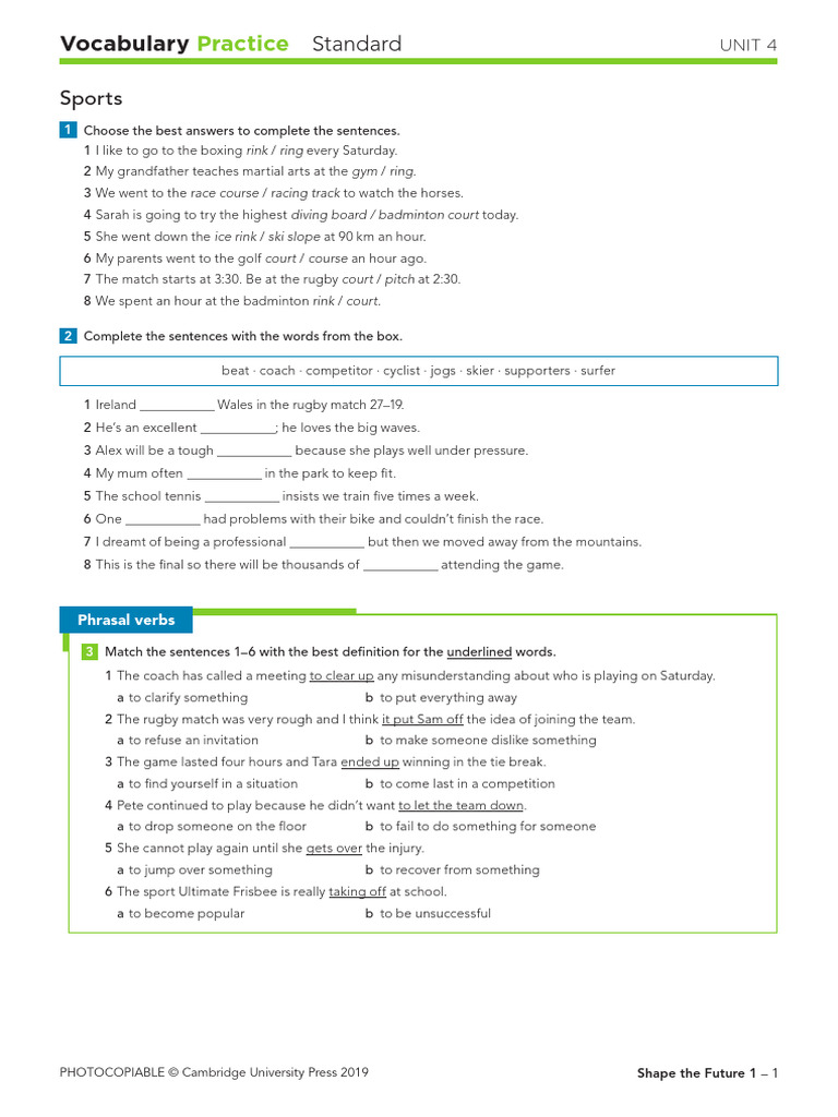 Shape The Future 1 - Vocabulary Practice Standard - Unit 4 - Without Answers | PDF
