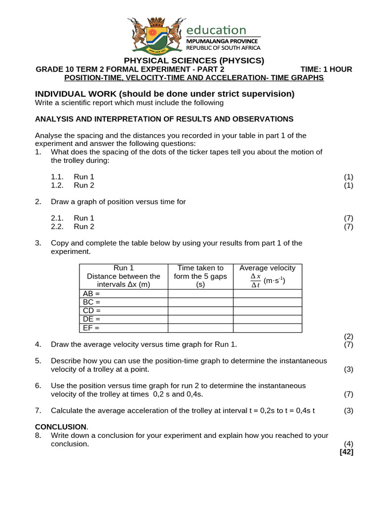 Grade 10 Term 2 Position, Velocity & Acceleration Experiment Part 2 ...
