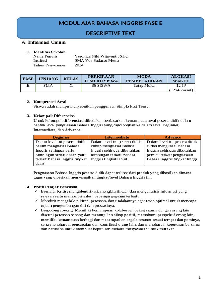 Modul Ajar 1 (Descriptive TEXt) | PDF