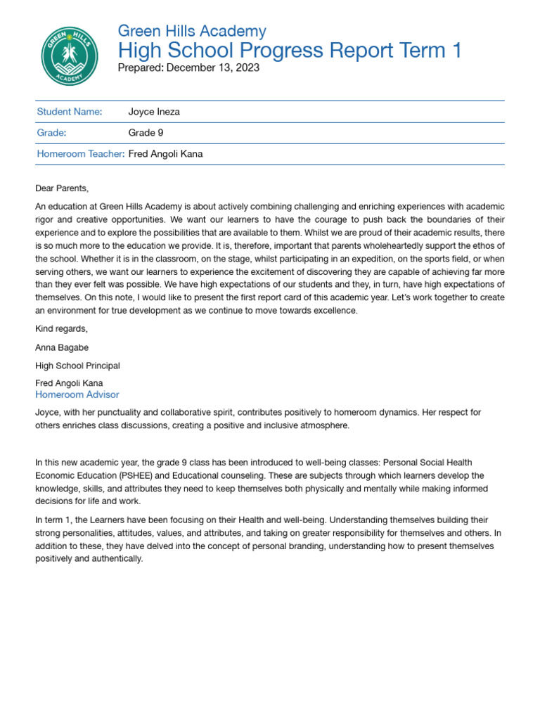 High School Progress Report Term 1 Grade 9 Ineza Joyce 2023-12-13 | PDF