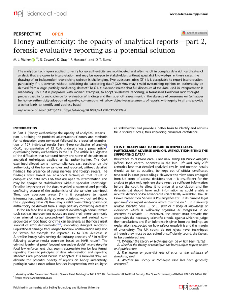 Honey Authenticity - The Opacity of Analytical Reports-Part 2, Forensic Evaluative Reporting As ...