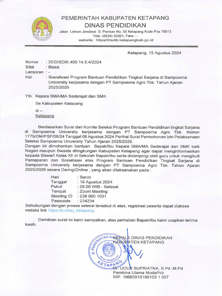 Pemberitahuan Sosialisasi Program Bantuan Pendidikan Sampoerna | PDF